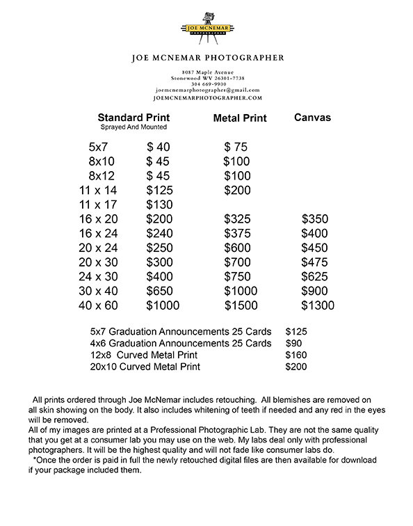 PORTRAIT PRINT PRICES - Joe McNemar Photographer