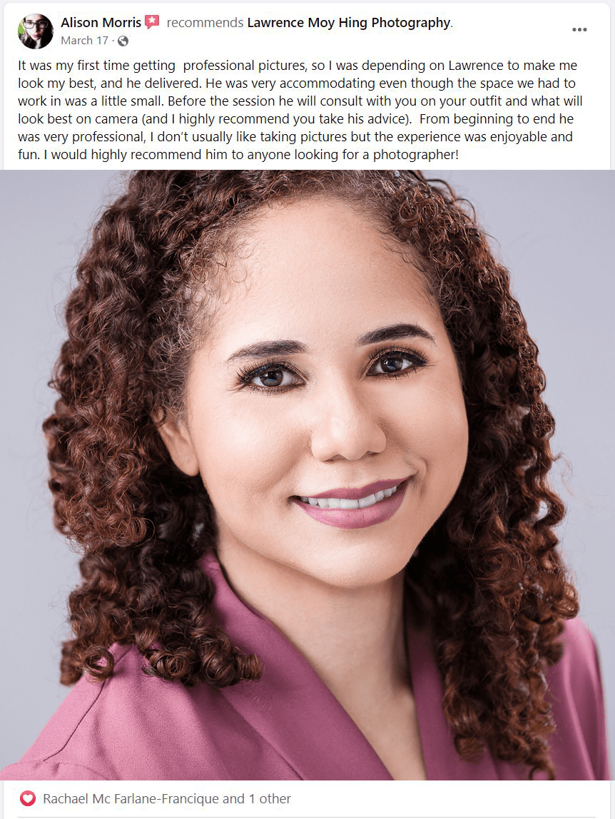 TESTIMONIALS - Lawrence Moy Hing Photography Limited